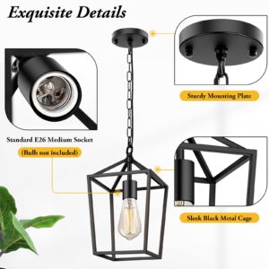 Farmhouse Black Pendant Light for Kitchen Island Industrial Hanging Lantern Fixture Modern Metal Cage Lamp Chandelier Lighting for Dinning Room Hallway, 49in Adjustable Chain for Flat & Sloped Ceiling