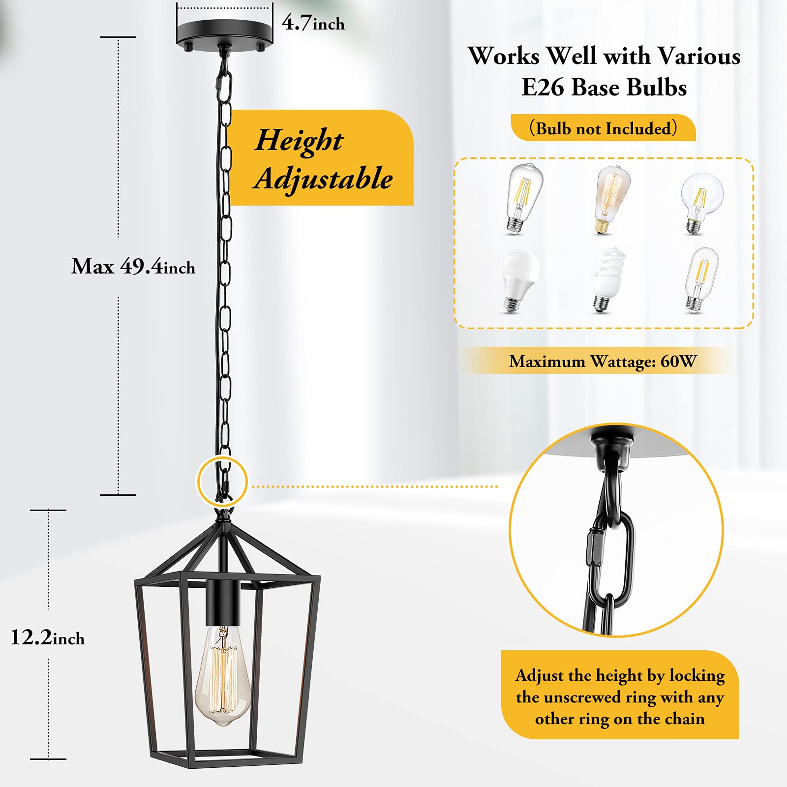 Farmhouse Black Pendant Light for Kitchen Island Industrial Hanging Lantern Fixture Modern Metal Cage Lamp Chandelier Lighting for Dinning Room Hallway, 49in Adjustable Chain for Flat & Sloped Ceiling