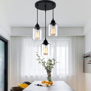 SINMILA 3-Lights Industrial Pendant Light with Glass Shade Matte Black Pendant Lighting Adjustable Industrial Retro Style Hanging Light Fixture for Kitchen, Farmhouse