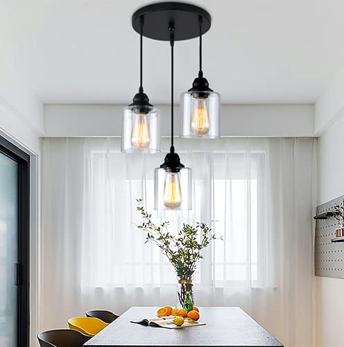 SINMILA 3-Lights Industrial Pendant Light with Glass Shade Matte Black Pendant Lighting Adjustable Industrial Retro Style Hanging Light Fixture for Kitchen, Farmhouse