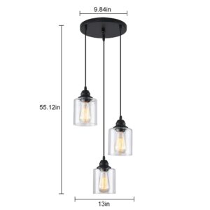 SINMILA 3-Lights Industrial Pendant Light with Glass Shade Matte Black Pendant Lighting Adjustable Industrial Retro Style Hanging Light Fixture for Kitchen, Farmhouse