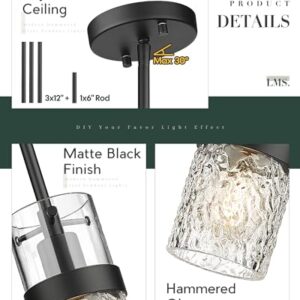 LMS Black Pendant Lights, Modern Industrial Pendant Lighting for Kitchen Island with Hammered Glass, LMS-172