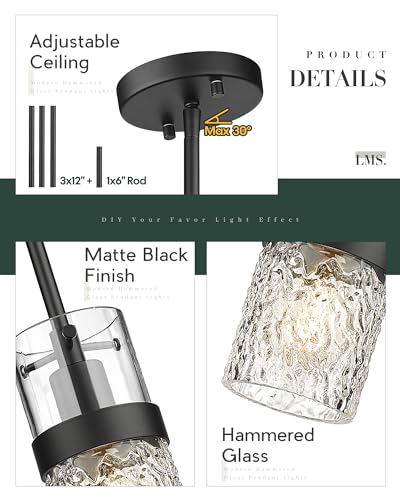 LMS Black Pendant Lights, Modern Industrial Pendant Lighting for Kitchen Island with Hammered Glass, LMS-172