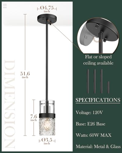 LMS Black Pendant Lights, Modern Industrial Pendant Lighting for Kitchen Island with Hammered Glass, LMS-172