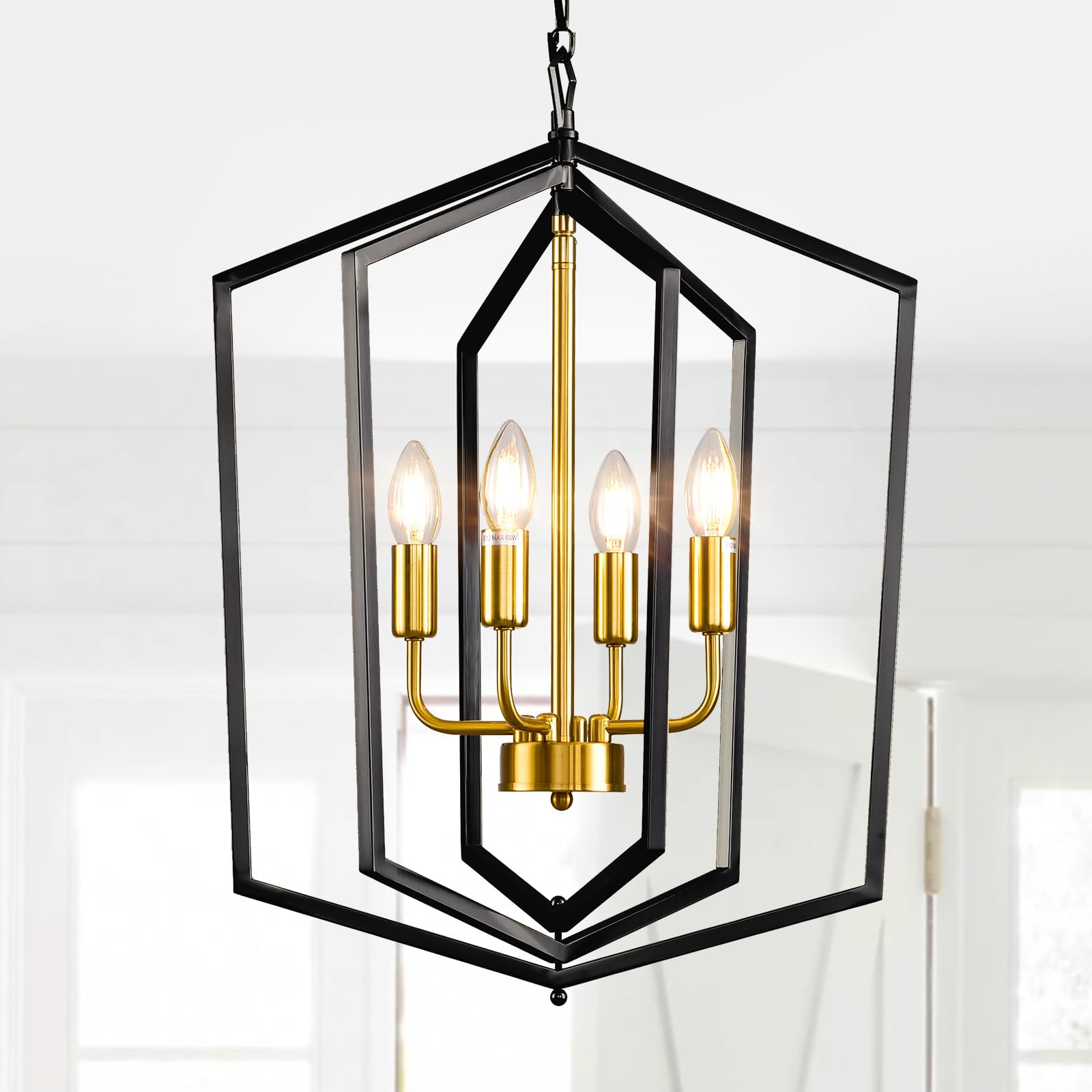 WJShome Lantern Pendant Light, 4-Light Gold Farmhouse Pendant Light, Modern Ceiling Hanging Light Fixture for Bedroom Kitchen Island Foyer Aisle Living Room Entryway Dining Room Hallway.