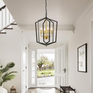 WJShome Lantern Pendant Light, 4-Light Gold Farmhouse Pendant Light, Modern Ceiling Hanging Light Fixture for Bedroom Kitchen Island Foyer Aisle Living Room Entryway Dining Room Hallway.