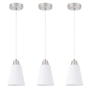 brushed nickel pendant light set of 3,silver pendant lights kitchen island, dining room lamp fixtures over table with white fabric shade, modern mini chandeliers,adjustable cord hanging lighting