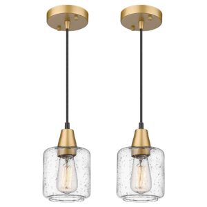 foitton gold pendant light, industrial hanging light fixtures with seeded glass shade, adjustable height, farmhouse pendant lighting for kitchen island dining room-2 pack