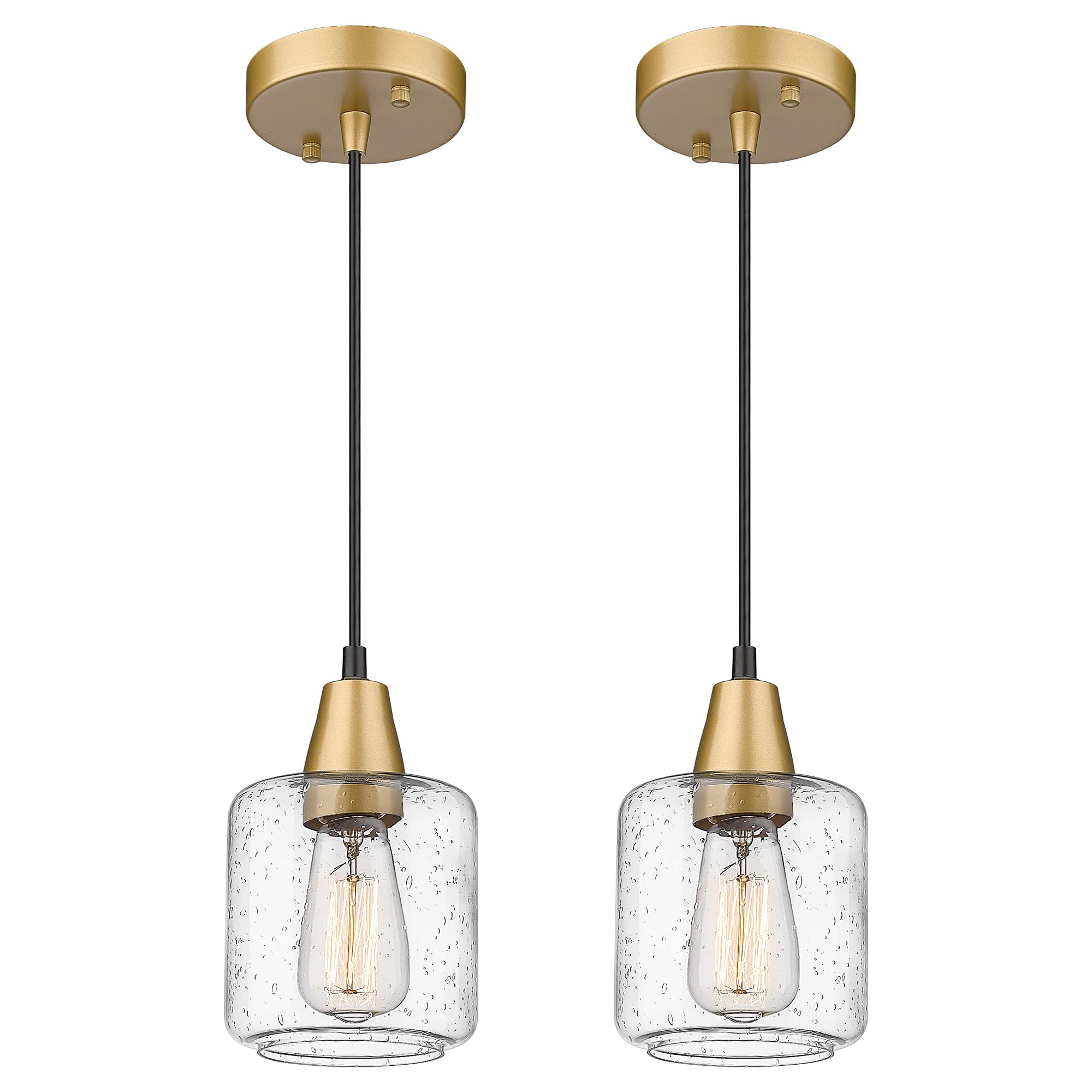 FOITTON Gold Pendant Light, Industrial Hanging Light Fixtures with Seeded Glass Shade, Adjustable Height, Farmhouse Pendant Lighting for Kitchen Island Dining Room-2 Pack