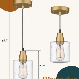 FOITTON Gold Pendant Light, Industrial Hanging Light Fixtures with Seeded Glass Shade, Adjustable Height, Farmhouse Pendant Lighting for Kitchen Island Dining Room-2 Pack