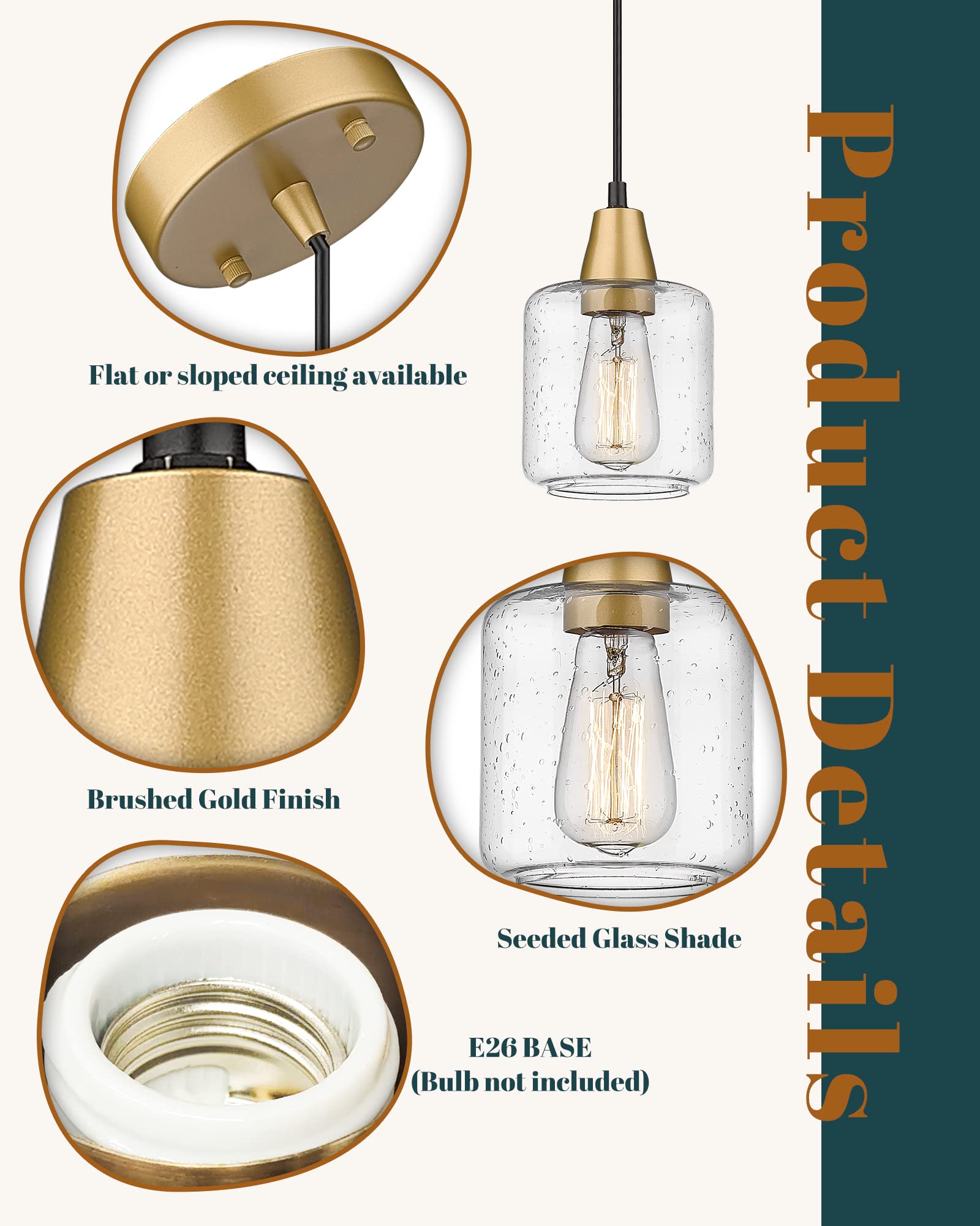 FOITTON Gold Pendant Light, Industrial Hanging Light Fixtures with Seeded Glass Shade, Adjustable Height, Farmhouse Pendant Lighting for Kitchen Island Dining Room-2 Pack