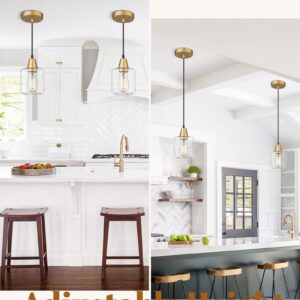 FOITTON Gold Pendant Light, Industrial Hanging Light Fixtures with Seeded Glass Shade, Adjustable Height, Farmhouse Pendant Lighting for Kitchen Island Dining Room-2 Pack