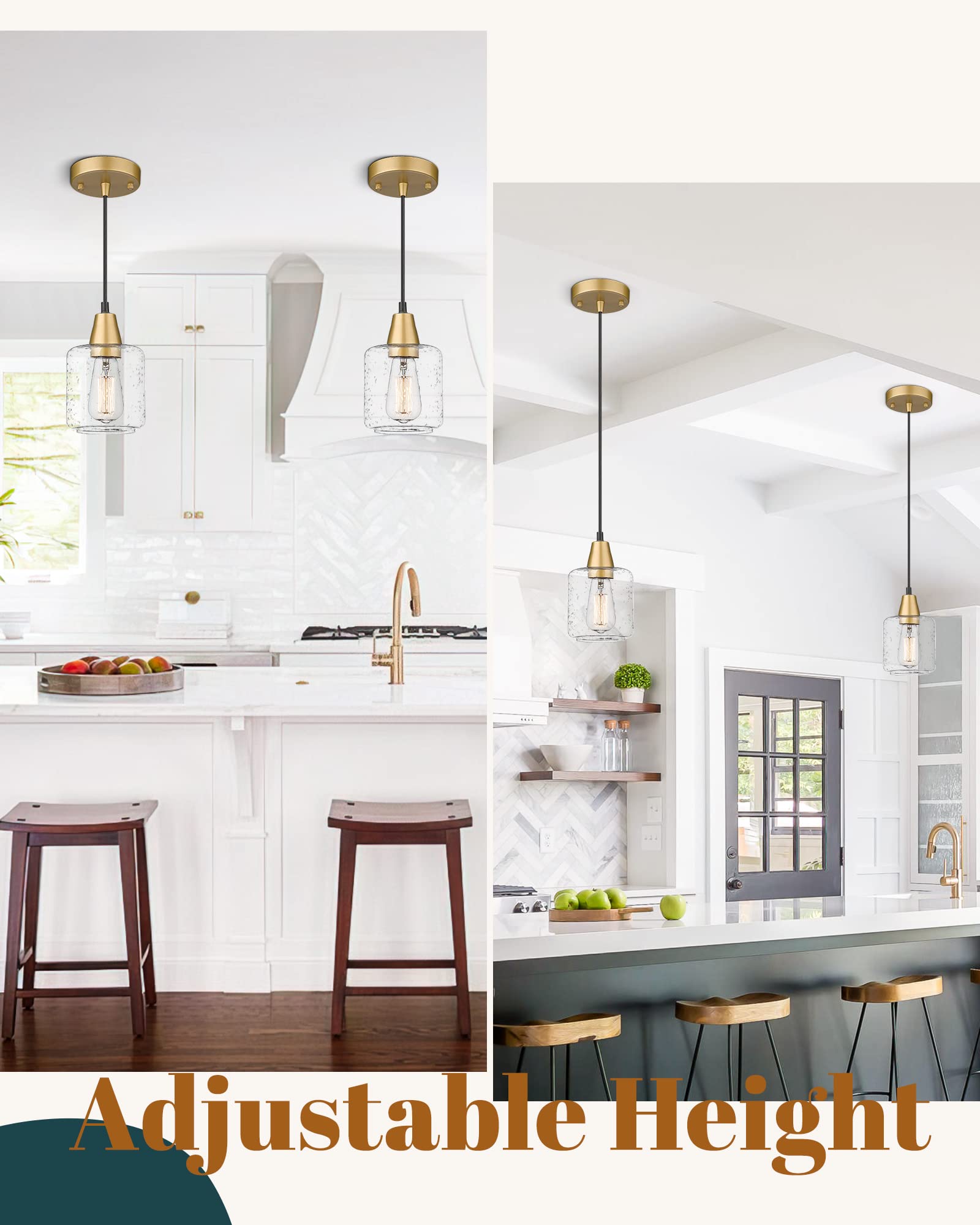 FOITTON Gold Pendant Light, Industrial Hanging Light Fixtures with Seeded Glass Shade, Adjustable Height, Farmhouse Pendant Lighting for Kitchen Island Dining Room-2 Pack