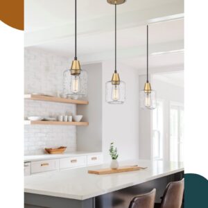 FOITTON Gold Pendant Light, Industrial Hanging Light Fixtures with Seeded Glass Shade, Adjustable Height, Farmhouse Pendant Lighting for Kitchen Island Dining Room-2 Pack