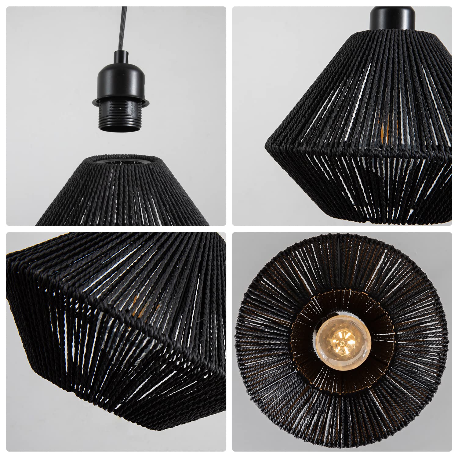 YongMing CL Black Woven Plug in Pendant Light Fixture, 9.65’’ Rustic Farmhouse Pendant Hanging Light with Plug in Cord & On/Off Switch for Kitchen Island Living Dining Room Bedroom Foyer