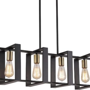 35.4" Kitchen Island Lighting Fixture, Dining Room 4 Lights Chandeliers, Black Wood+Metal Pendant Light for Foyer Hallway Living Room