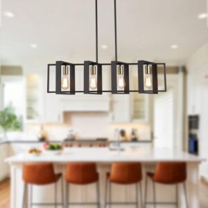 35.4" Kitchen Island Lighting Fixture, Dining Room 4 Lights Chandeliers, Black Wood+Metal Pendant Light for Foyer Hallway Living Room