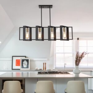 35.4" Kitchen Island Lighting Fixture, Dining Room 4 Lights Chandeliers, Black Wood+Metal Pendant Light for Foyer Hallway Living Room