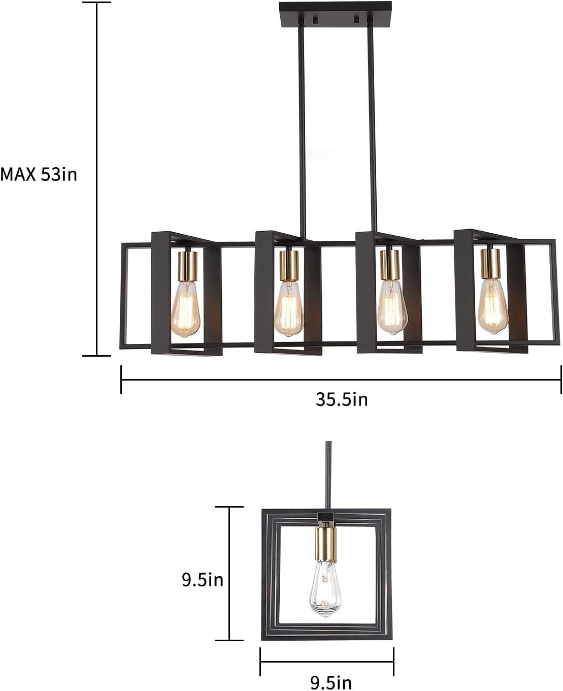 35.4" Kitchen Island Lighting Fixture, Dining Room 4 Lights Chandeliers, Black Wood+Metal Pendant Light for Foyer Hallway Living Room