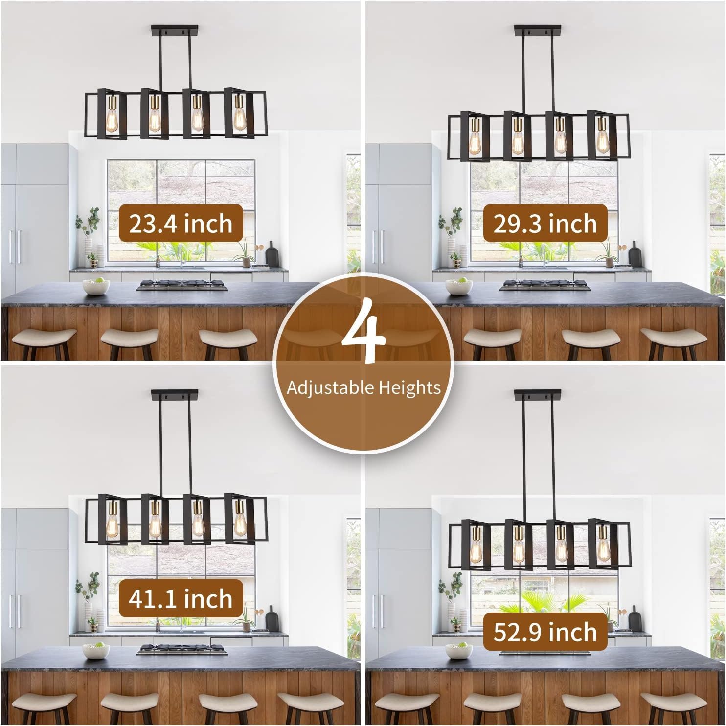 35.4" Kitchen Island Lighting Fixture, Dining Room 4 Lights Chandeliers, Black Wood+Metal Pendant Light for Foyer Hallway Living Room