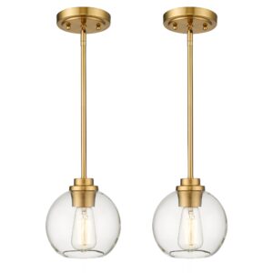 audickic brass pendant lights kitchen island 2 pack, farmhouse gold pendant light with clear glass globe shade, kitchen island lighting for dining room entryway, ad-22280-1p2-gd-c