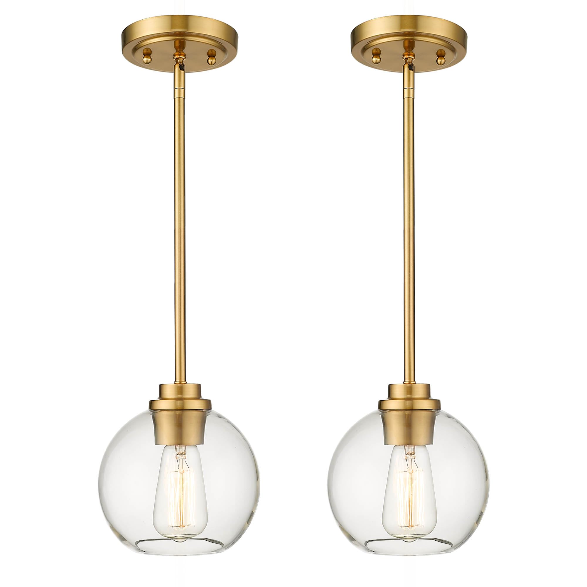 Audickic Brass Pendant Lights Kitchen Island 2 Pack, Farmhouse Gold Pendant Light with Clear Glass Globe Shade, Kitchen Island Lighting for Dining Room Entryway, AD-22280-1P2-GD-C