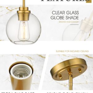 Audickic Brass Pendant Lights Kitchen Island 2 Pack, Farmhouse Gold Pendant Light with Clear Glass Globe Shade, Kitchen Island Lighting for Dining Room Entryway, AD-22280-1P2-GD-C