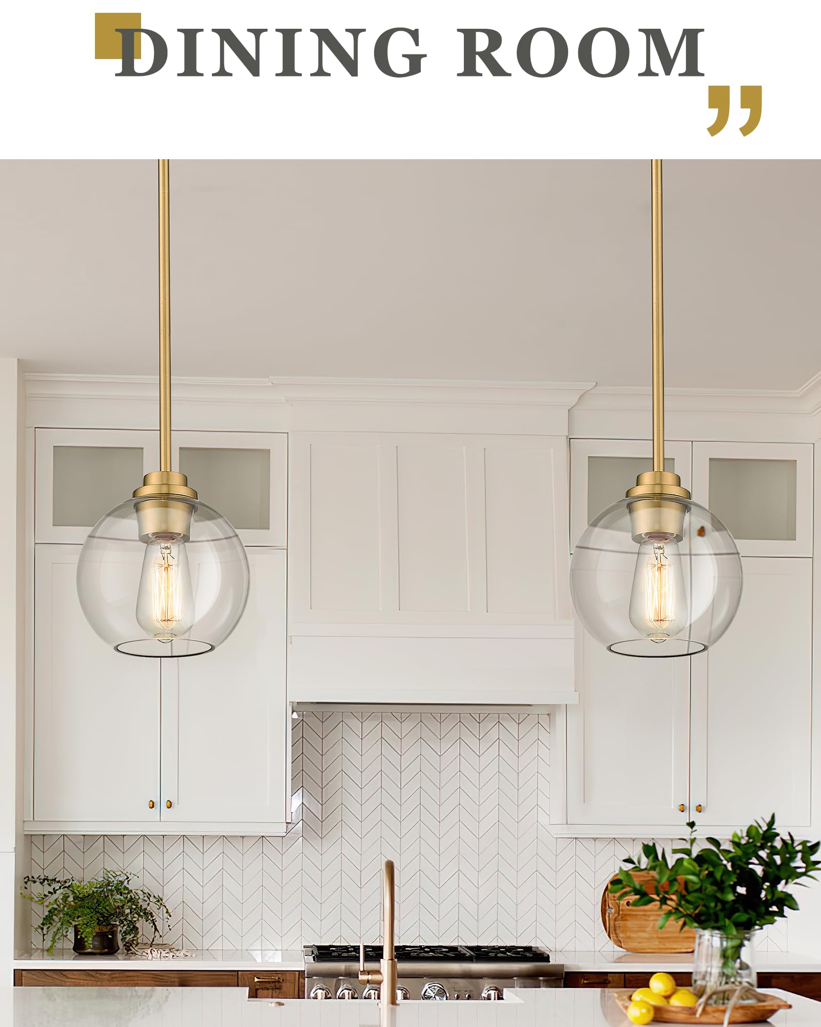 Audickic Brass Pendant Lights Kitchen Island 2 Pack, Farmhouse Gold Pendant Light with Clear Glass Globe Shade, Kitchen Island Lighting for Dining Room Entryway, AD-22280-1P2-GD-C