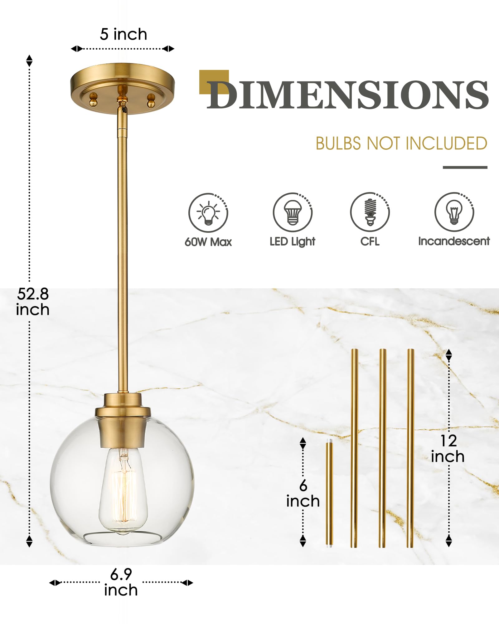 Audickic Brass Pendant Lights Kitchen Island 2 Pack, Farmhouse Gold Pendant Light with Clear Glass Globe Shade, Kitchen Island Lighting for Dining Room Entryway, AD-22280-1P2-GD-C