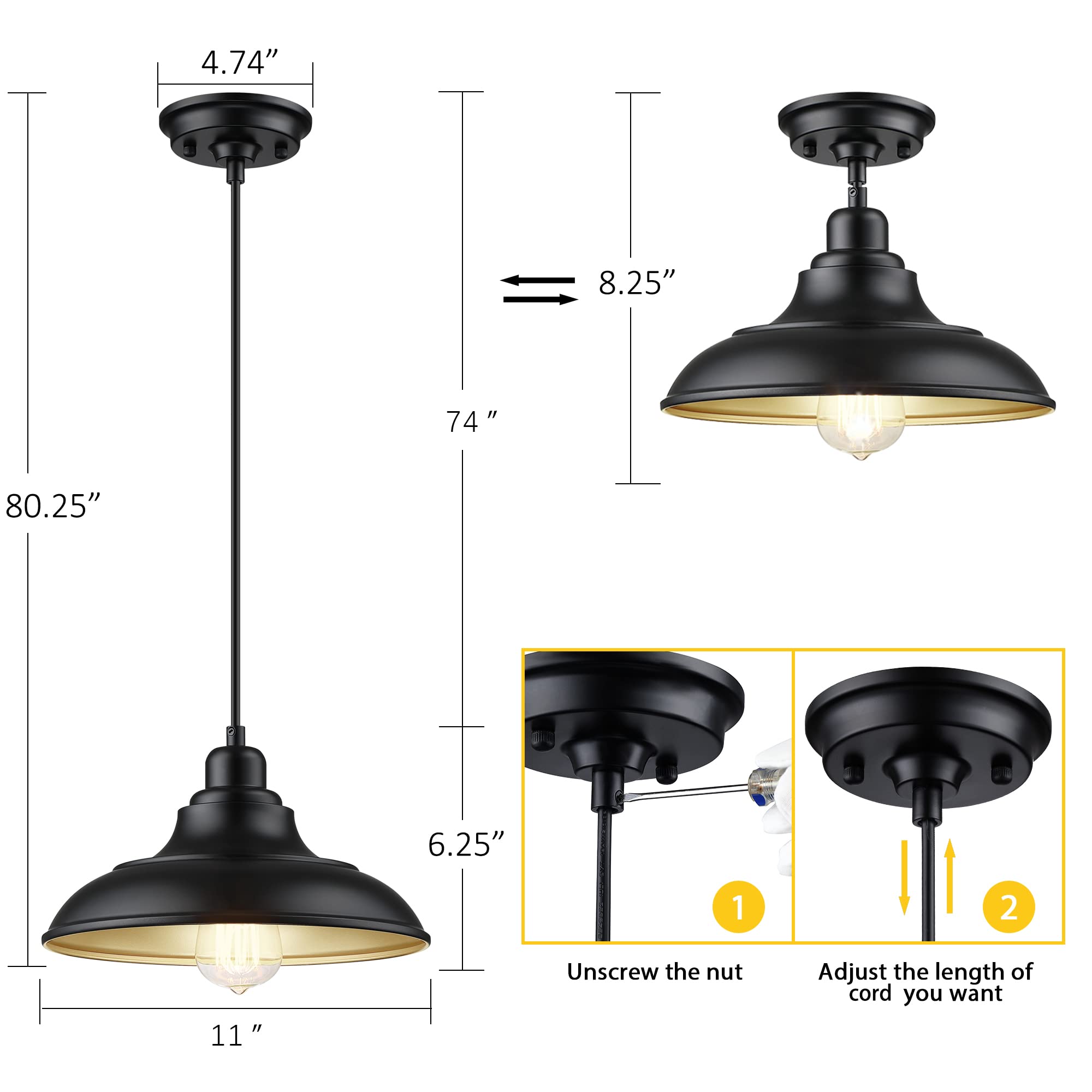 FLQMYQ Pendant Lighting, Farmhouse Decor Adjustable Metal Hanging Lamp Ceiling Lamp, Hanging Light Fixtures, Industrial Black Pendant Lights for Kitchen Island Dining Room Barn, E26 Base, 2 Pack