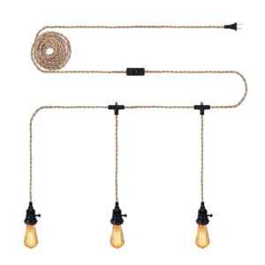 rope pendant light cord kit with plug & switch - triple sockets, 29 ft, vintage (bulb not included )