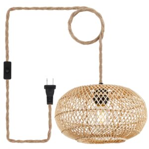 plug in pendant light rattan hanging lights with plug in cord, 15 ft hemp rope cord pendant lamp bamboo lampshade, farmhouse industrial boho plug in ceiling light fixture for living room bedroom