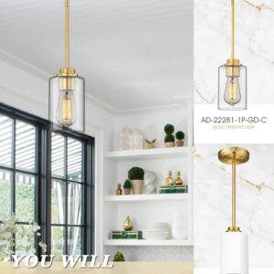 Audickic Brass Pendant Lights Kitchen Island 2 Pack, Farmhouse Gold Pendant Lighting with Clear Glass Shade, Mini Hanging Light Fixture for Kitchen Sink Dining, AD-22281-1P2-GD-C