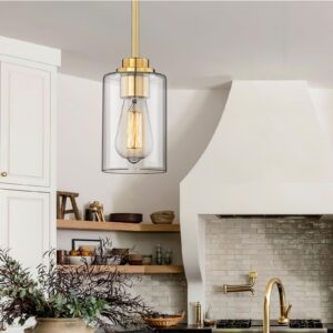 Audickic Brass Pendant Lights Kitchen Island 2 Pack, Farmhouse Gold Pendant Lighting with Clear Glass Shade, Mini Hanging Light Fixture for Kitchen Sink Dining, AD-22281-1P2-GD-C