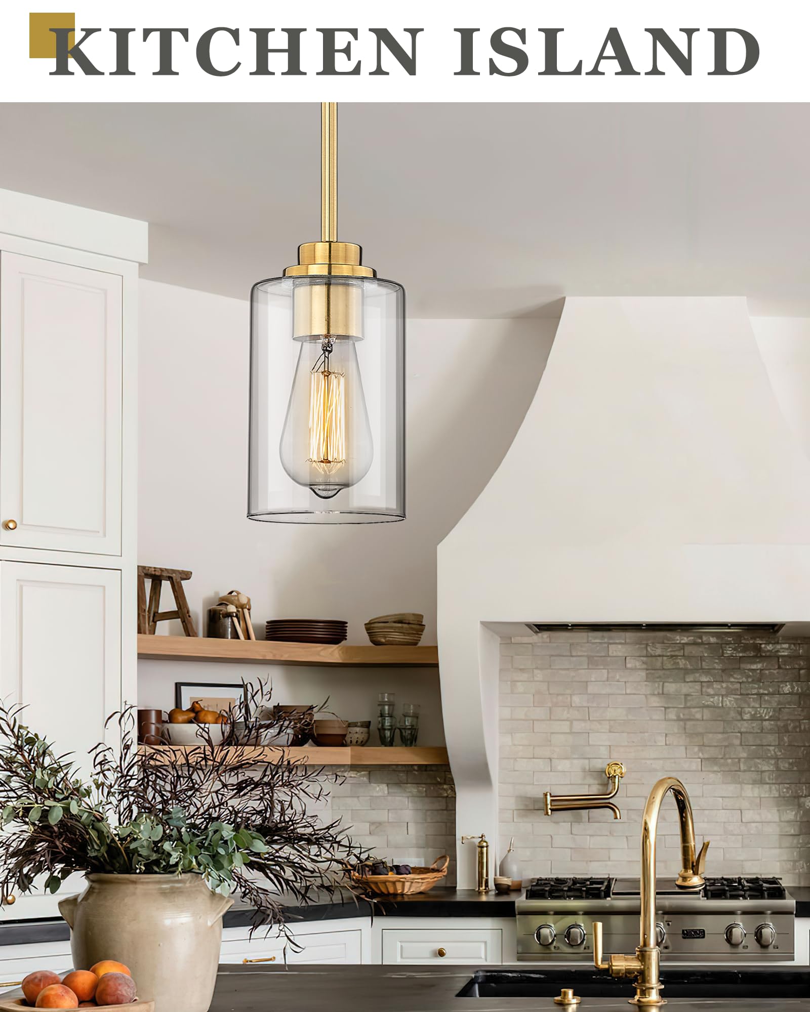 Audickic Brass Pendant Lights Kitchen Island 2 Pack, Farmhouse Gold Pendant Lighting with Clear Glass Shade, Mini Hanging Light Fixture for Kitchen Sink Dining, AD-22281-1P2-GD-C