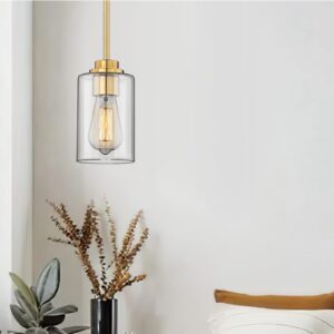 Audickic Brass Pendant Lights Kitchen Island 2 Pack, Farmhouse Gold Pendant Lighting with Clear Glass Shade, Mini Hanging Light Fixture for Kitchen Sink Dining, AD-22281-1P2-GD-C