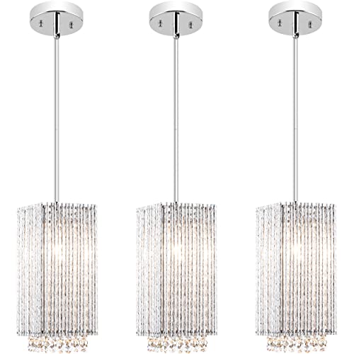 MO&OK 3 Pack Crystal Chandelier Modern Pendent Lights Adjustable Hanging Lighting with Metal Lampshade Rectangle Chandeliers for Kitchen Island Dinningroom,Entrance Living Room H9.8 xD5.2 Chrome