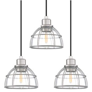 industrial hanging drum indoor pendant ceiling light kitchen island fixtures brushed nickel finish,metal shade for bar dining room corridor living room (3 pack, clear glass pendant light)