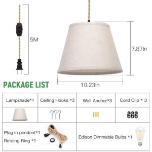 Dexnump Plug in Pendant Light, Hanging Light with Plug in Cord Dimmable Switch, Hanging Lamp with 15 ft Hemp Rope Cord, Pendant Light Fixture for Bedroom Kitchen Island Living Room (Bulb Included)