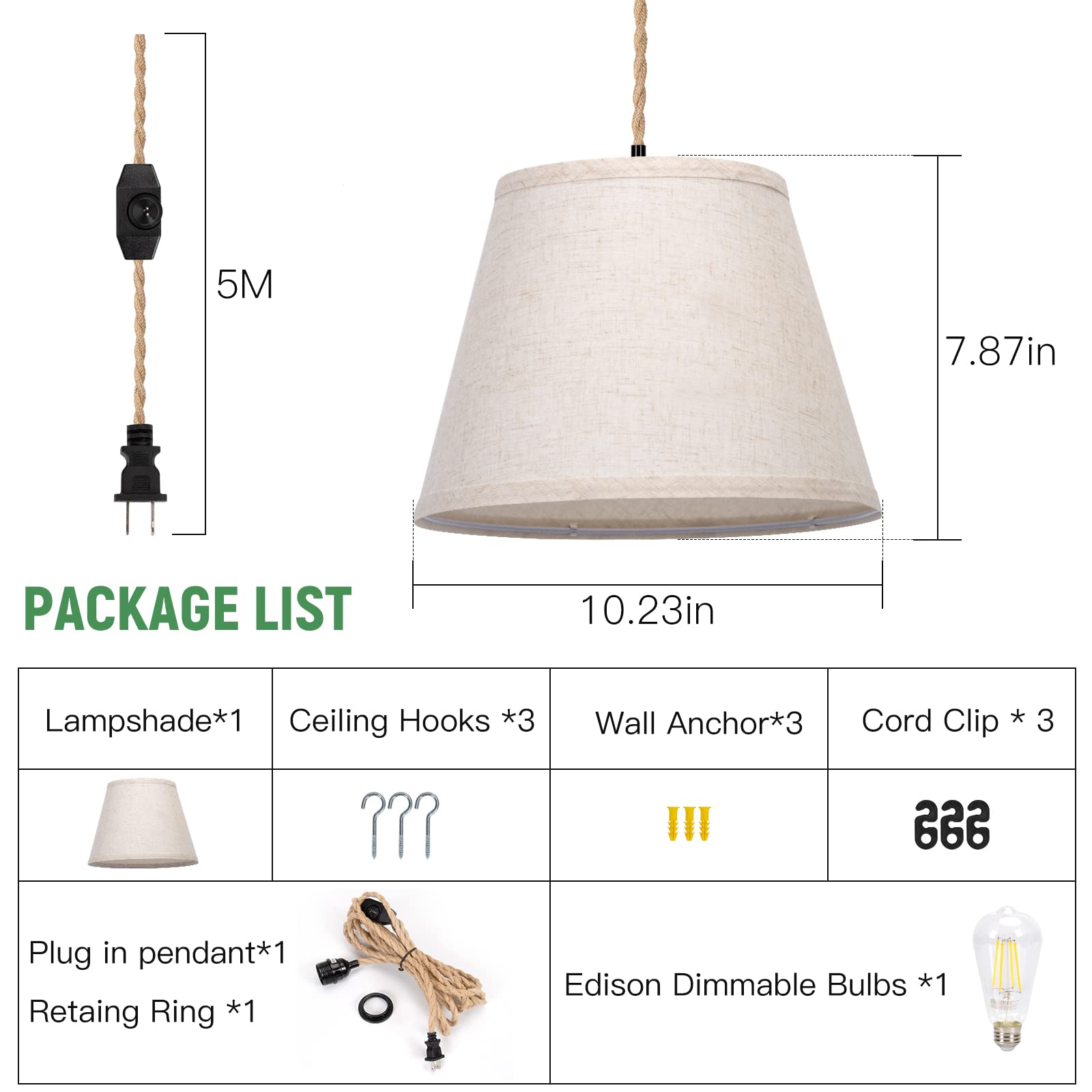 Dexnump Plug in Pendant Light, Hanging Light with Plug in Cord Dimmable Switch, Hanging Lamp with 15 ft Hemp Rope Cord, Pendant Light Fixture for Bedroom Kitchen Island Living Room (Bulb Included)