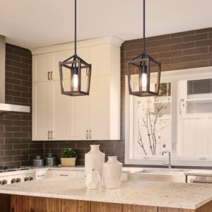 EDISHINE pendant lights for Kitchen Island, 1-Light Farmhouse Cage Hanging Light Fixtures, Rustic Wood with Brown Finish, Adjustable Height Pendant Light for Dining Room, Allway and Foyer