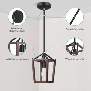 EDISHINE pendant lights for Kitchen Island, 1-Light Farmhouse Cage Hanging Light Fixtures, Rustic Wood with Brown Finish, Adjustable Height Pendant Light for Dining Room, Allway and Foyer