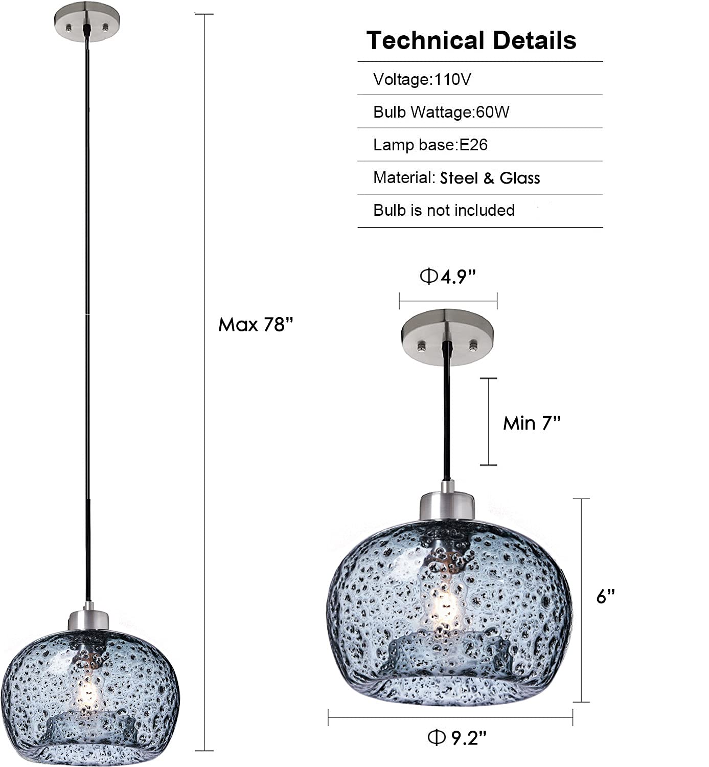 Trustwoods Hand blown Glass Pendant Light for Kitchen Island Sink Restaurant Farmhouse, Grey Blue, Brushed Nickel