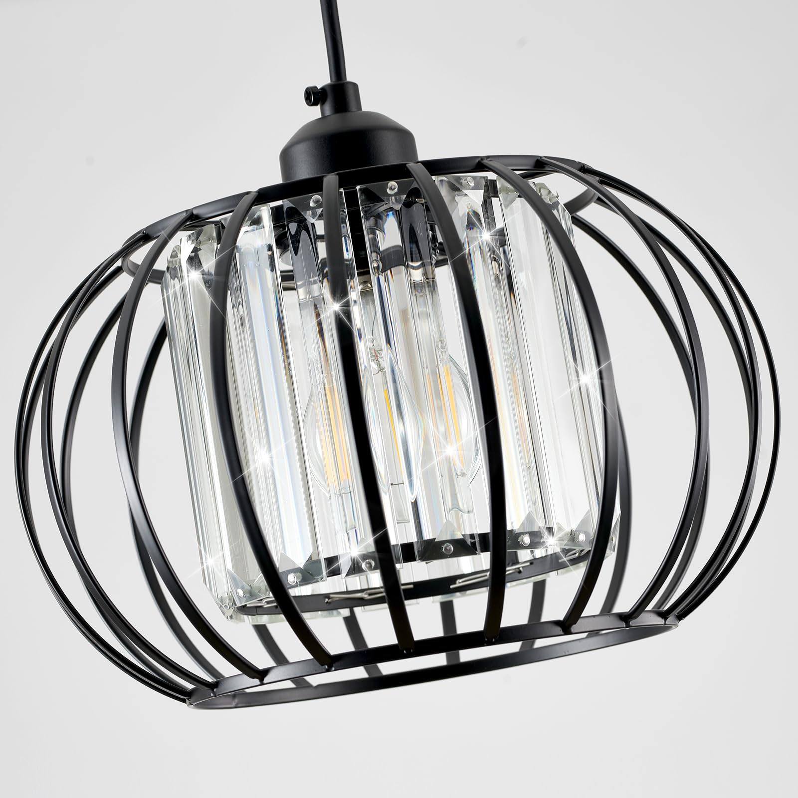 XSDeTu Black Pendant Light Fixture, Farmhouse Hanging Lights with Crystal, Adjustable Mini Kitchen Pendant Light, Modern Industrial Metal Wire Caged Hanging Pendant Lamp for Living Room, Bedroom