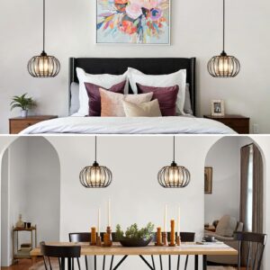 XSDeTu Black Pendant Light Fixture, Farmhouse Hanging Lights with Crystal, Adjustable Mini Kitchen Pendant Light, Modern Industrial Metal Wire Caged Hanging Pendant Lamp for Living Room, Bedroom