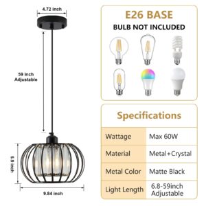 XSDeTu Black Pendant Light Fixture, Farmhouse Hanging Lights with Crystal, Adjustable Mini Kitchen Pendant Light, Modern Industrial Metal Wire Caged Hanging Pendant Lamp for Living Room, Bedroom