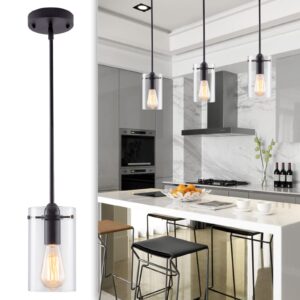 xupuhouse matte black pendant lights kitchen island,adjustable hanging pendant light with clear glass shade,single pendant light fixtures ceiling hanging for living room,bedroom and hallway,e26 base