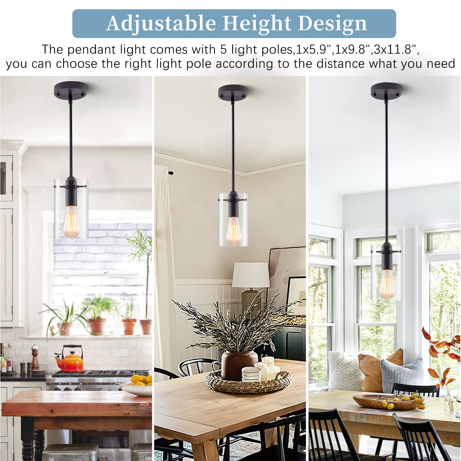 XUPUHOUSE Matte Black Pendant Lights Kitchen Island,Adjustable Hanging Pendant Light with Clear Glass Shade,Single Pendant Light Fixtures Ceiling Hanging for Living Room,Bedroom and Hallway,E26 Base