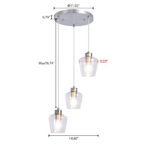 TeHenoo 3-Light Pendant Lighting, Clear Glass,Adjustable Cord,Brushed Nickel Pendant Light Fixtures for Kitchen,Dining Room,Bar