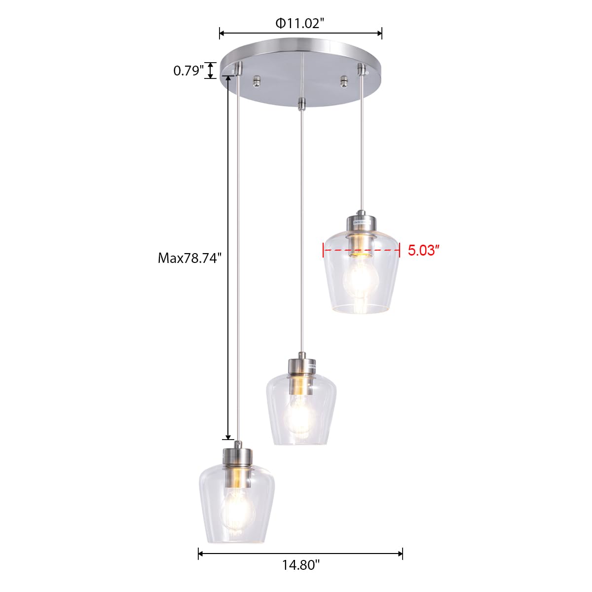 TeHenoo 3-Light Pendant Lighting, Clear Glass,Adjustable Cord,Brushed Nickel Pendant Light Fixtures for Kitchen,Dining Room,Bar